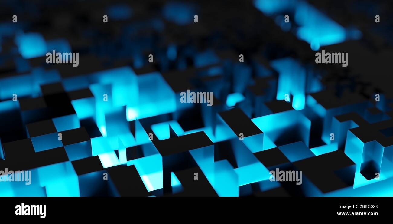 Abstract blue glowing technology background cubes with selective focus ...