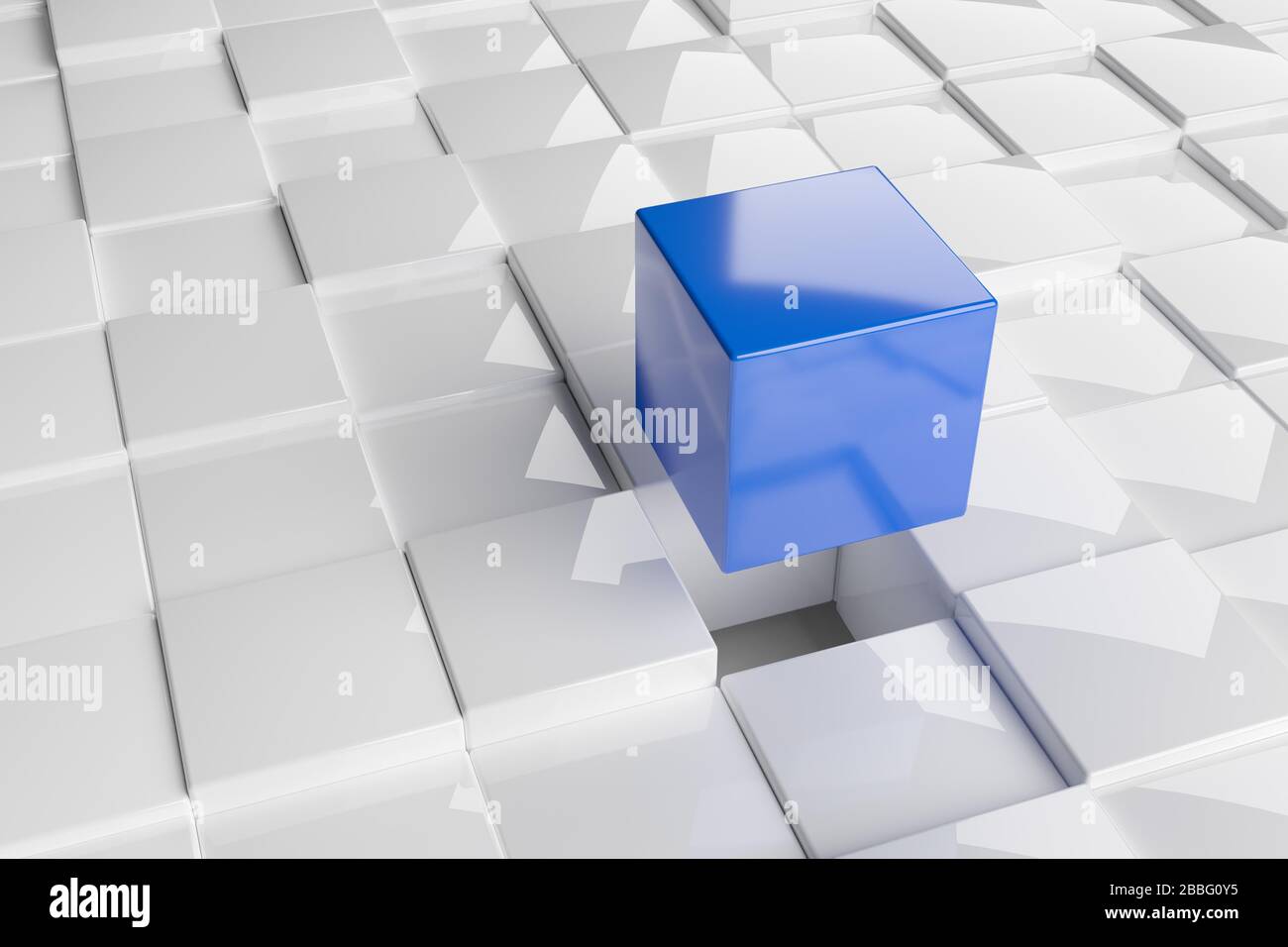 Blue cube in above floor of white cubes, software module, teamwork or ...