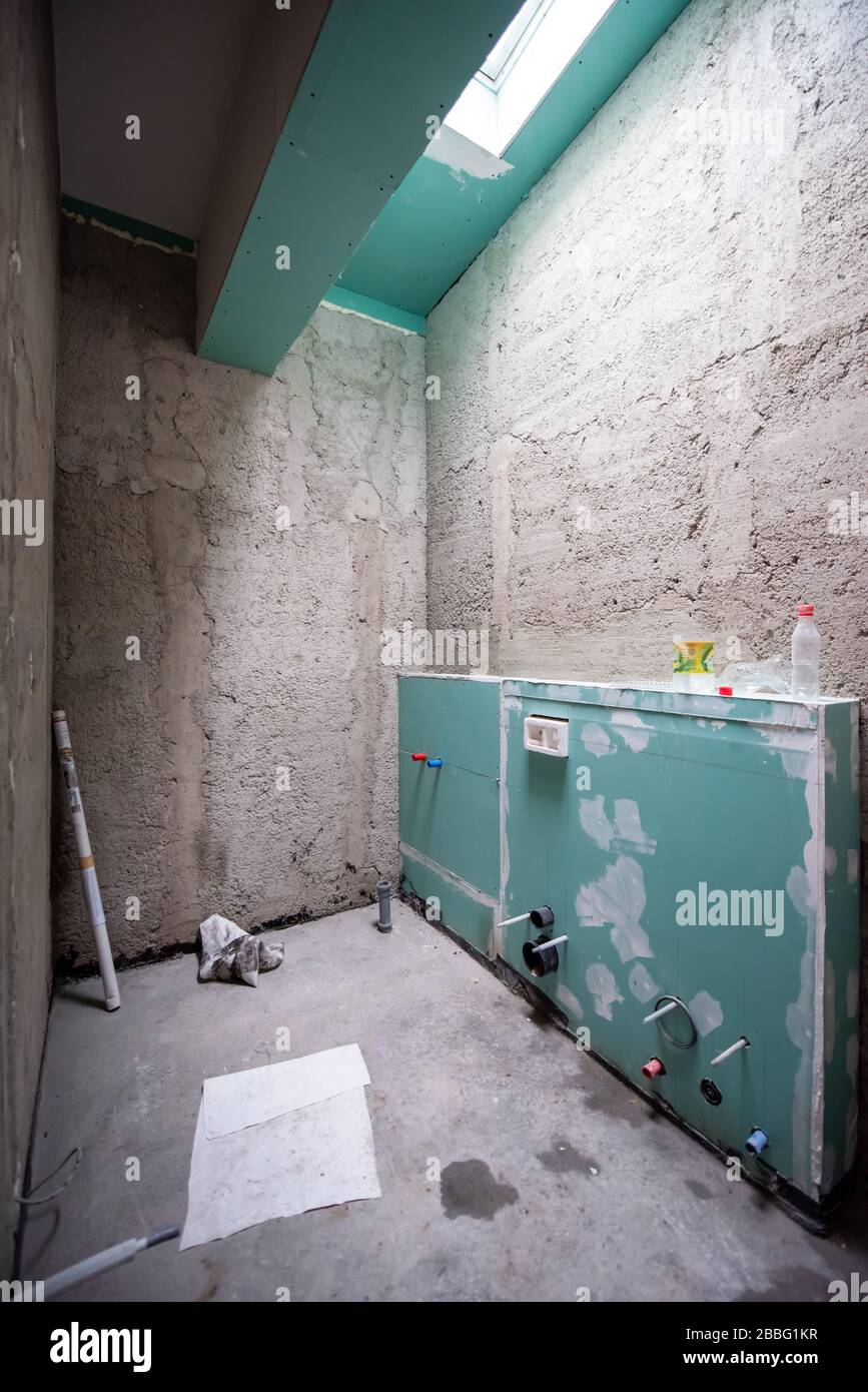 interior of construction site with concrete walls at new unfinished ...