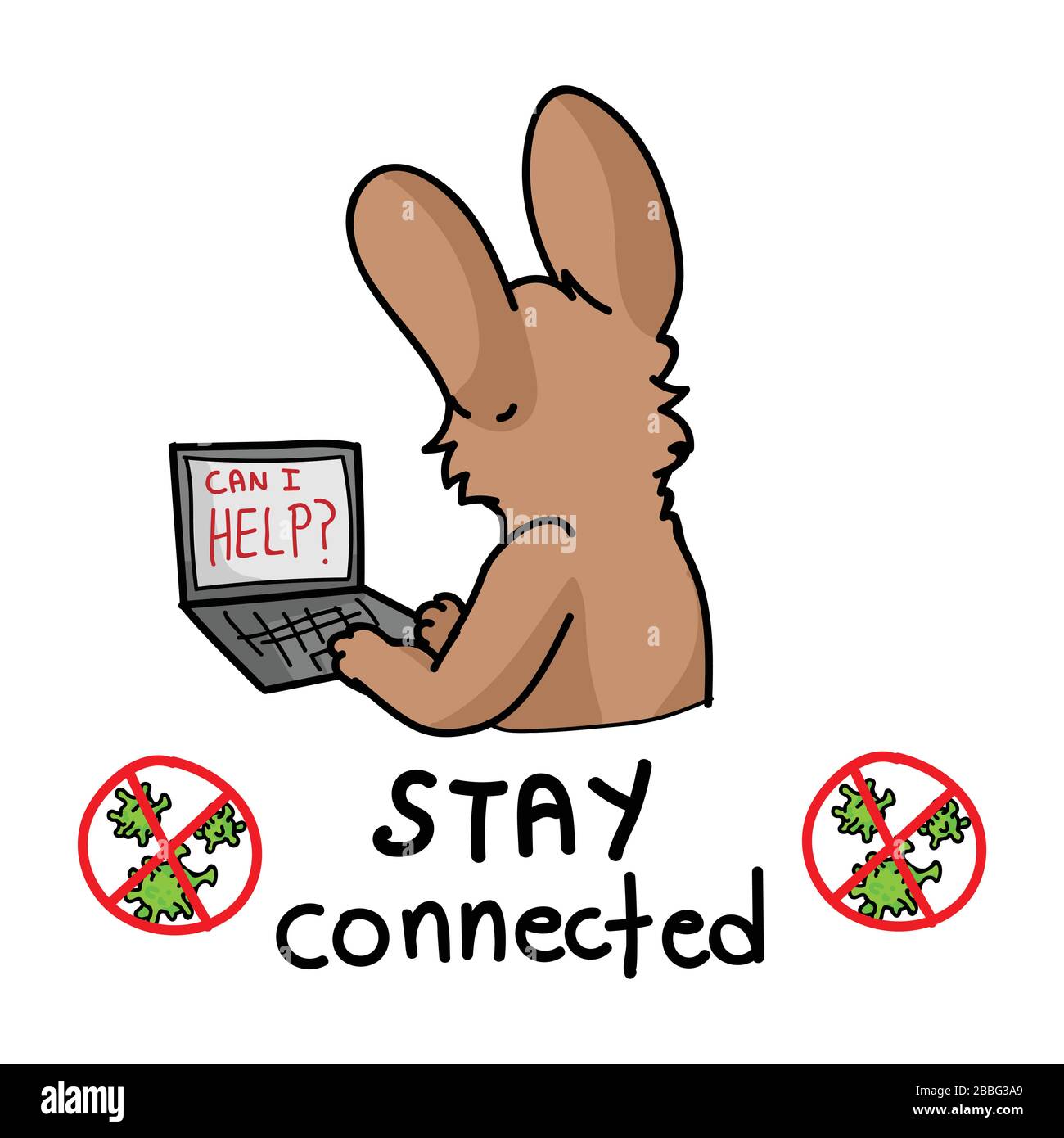 Corona virus kids cartoon stay connected cute bunny laptop can I help ...