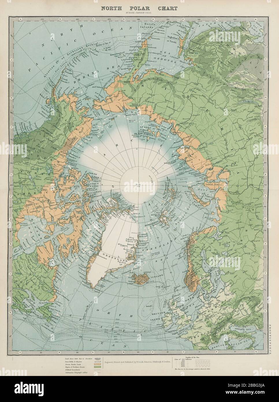 ARCTIC North Polar chart Telegraph cables Ice limit JOHNSTON 1901 old ...
