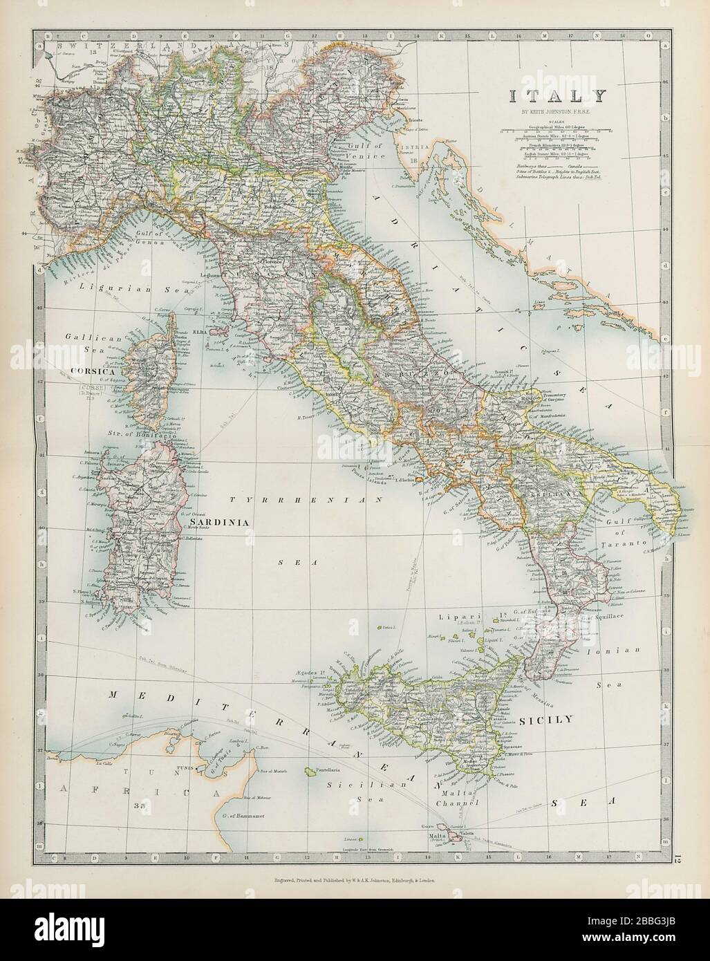 ITALY Showing regions railways canals Telegraph cables JOHNSTON 1901 ...