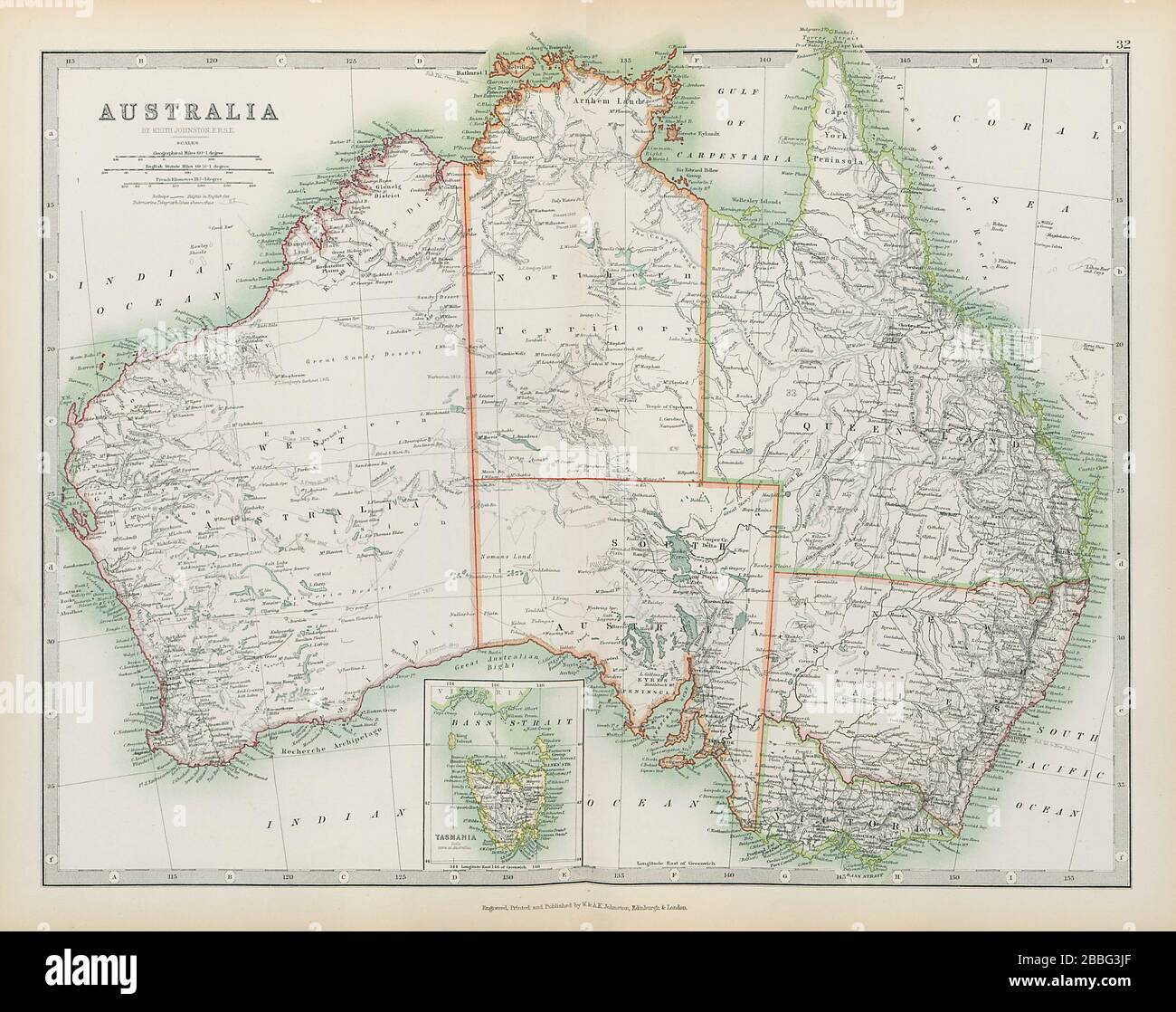 AUSTRALIA Showing explorers' routes with dates Railways JOHNSTON 1901 ...