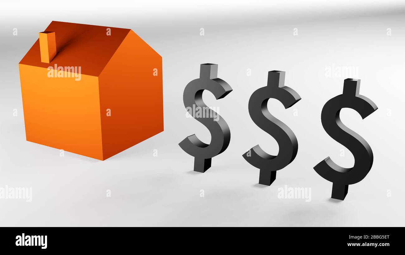 Dollar signs $$$ 3D rendered illustration of house model and text for ...