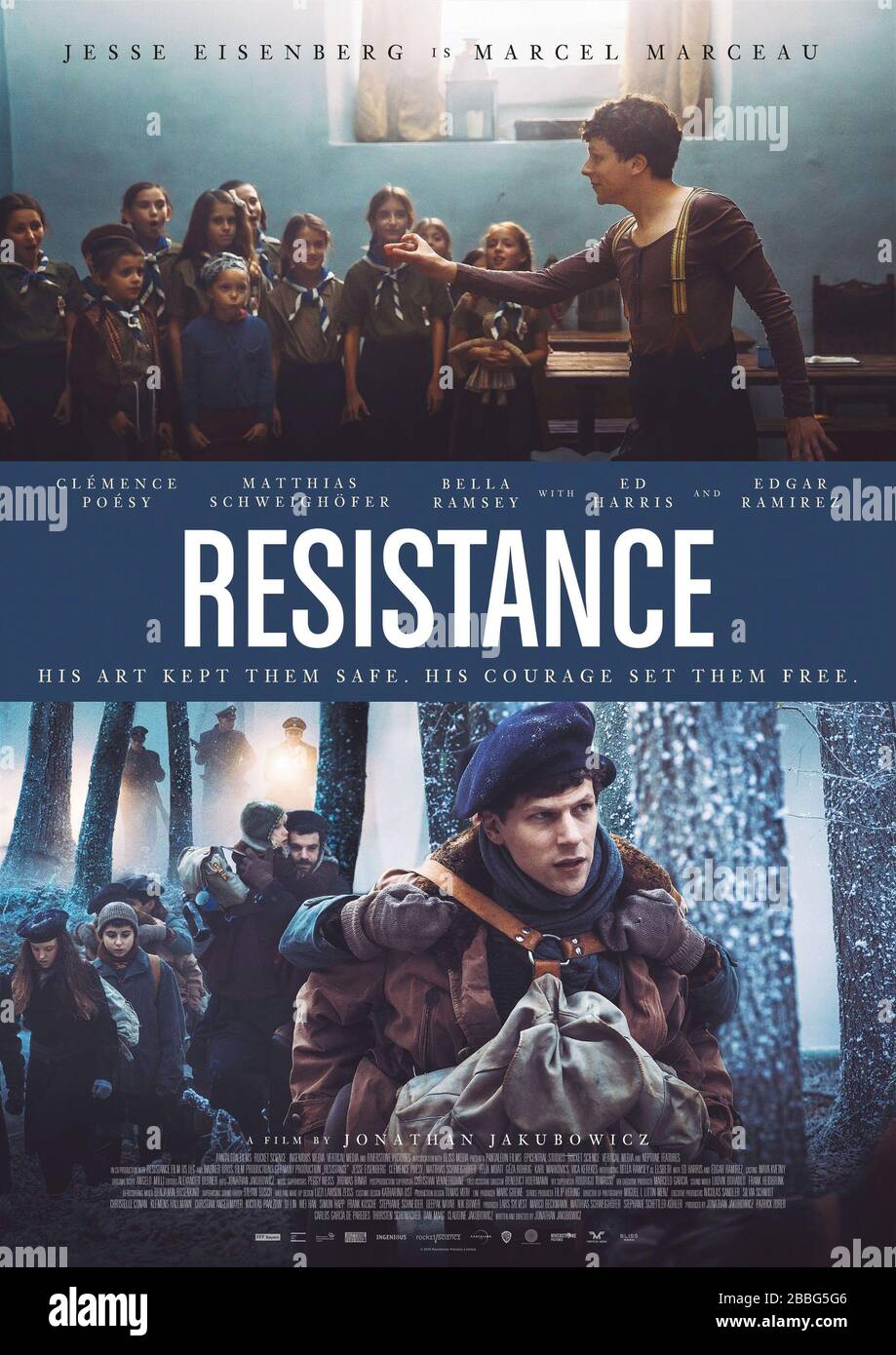 RESISTANCE, poster, far right, top and bottom: Jesse Eisenberg as Marcel Marceau, 2020. © IFC ...