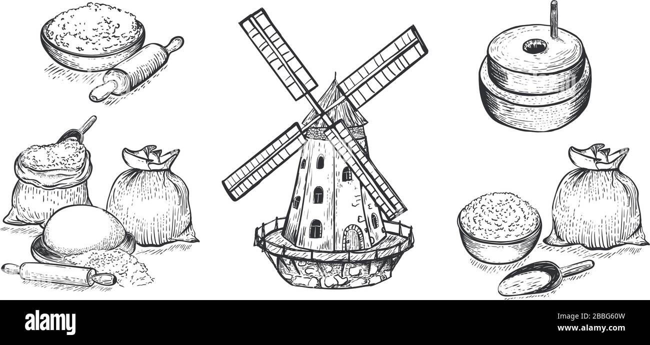 Set of flour, hand mill, windmill, wheat, grain, ingredients. Hand ...