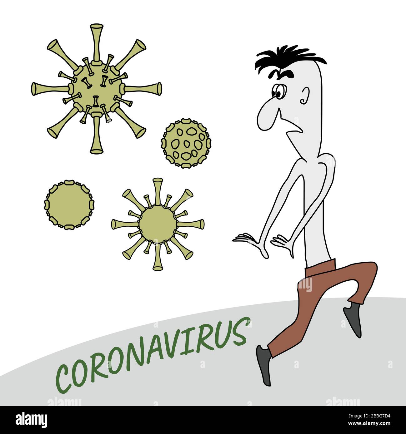 A man in fear flees from a coronavirus. A joking caricature. Cartoon ...