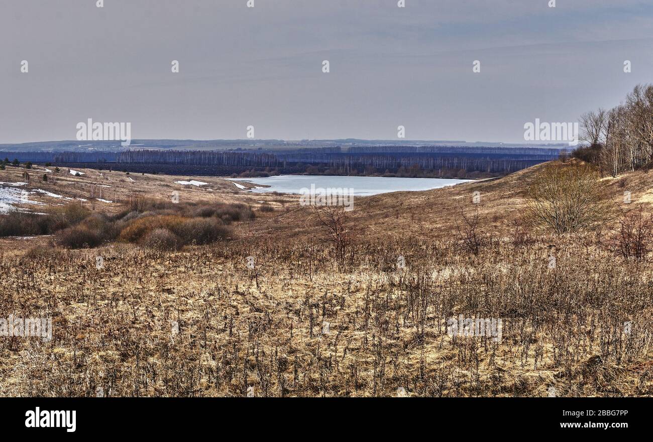 Spring landscape of Russian nature. Fields, forests, hills, plain, open ...