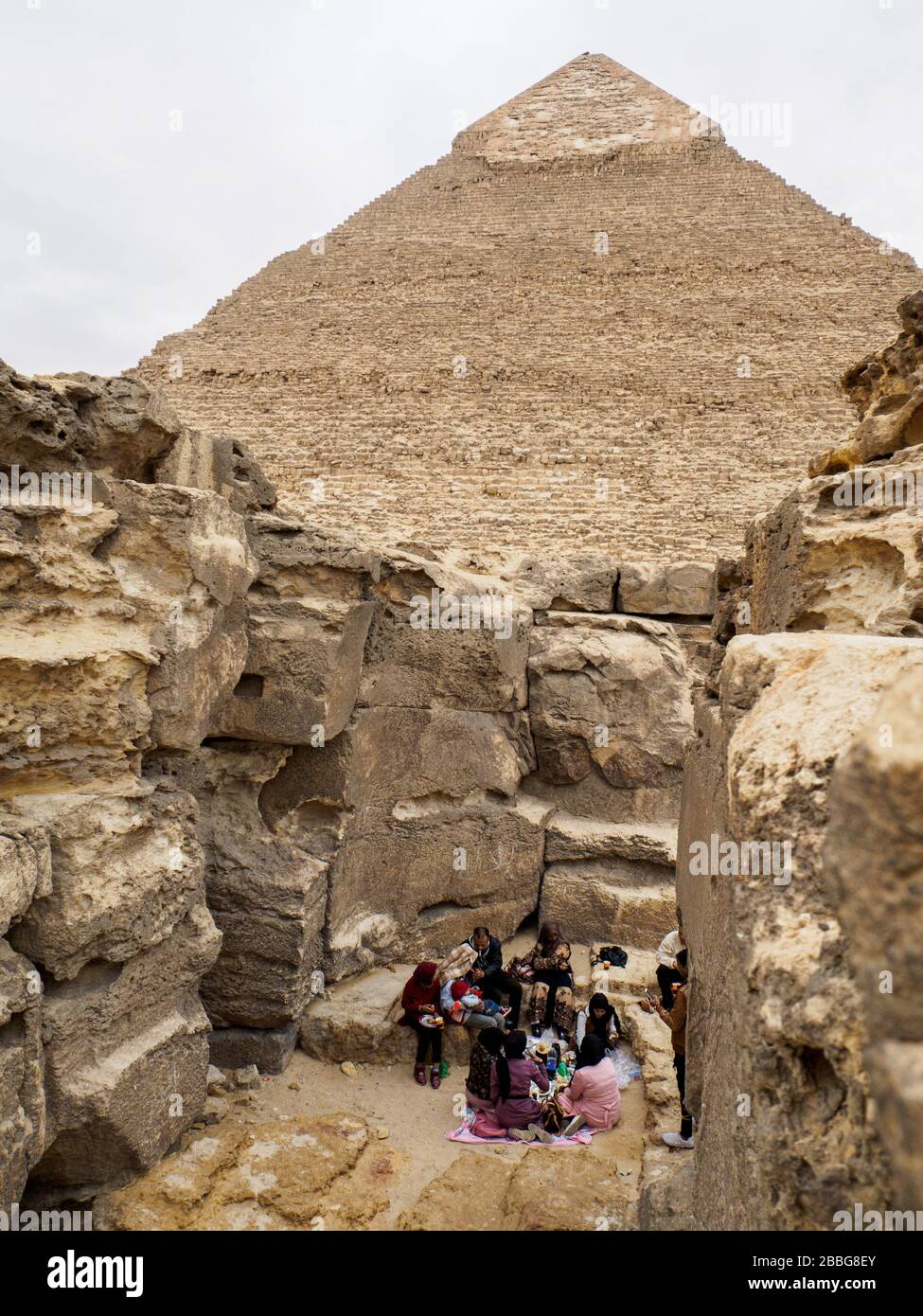 Cairo, Egypt, January 2020, a family gathering near the great pyramid ...