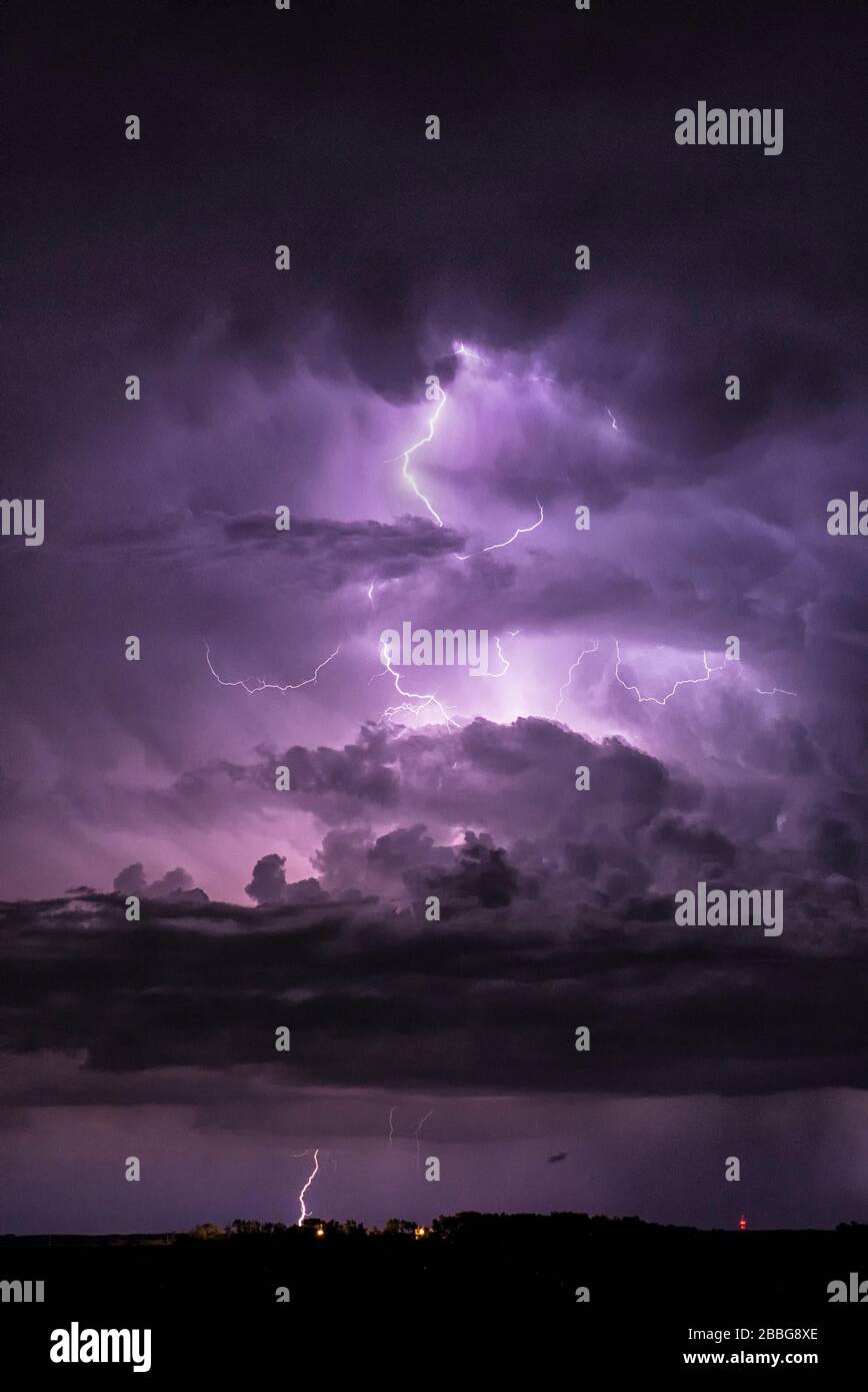 Storm with triple layer lightning over rural southern Manitoba Canada ...