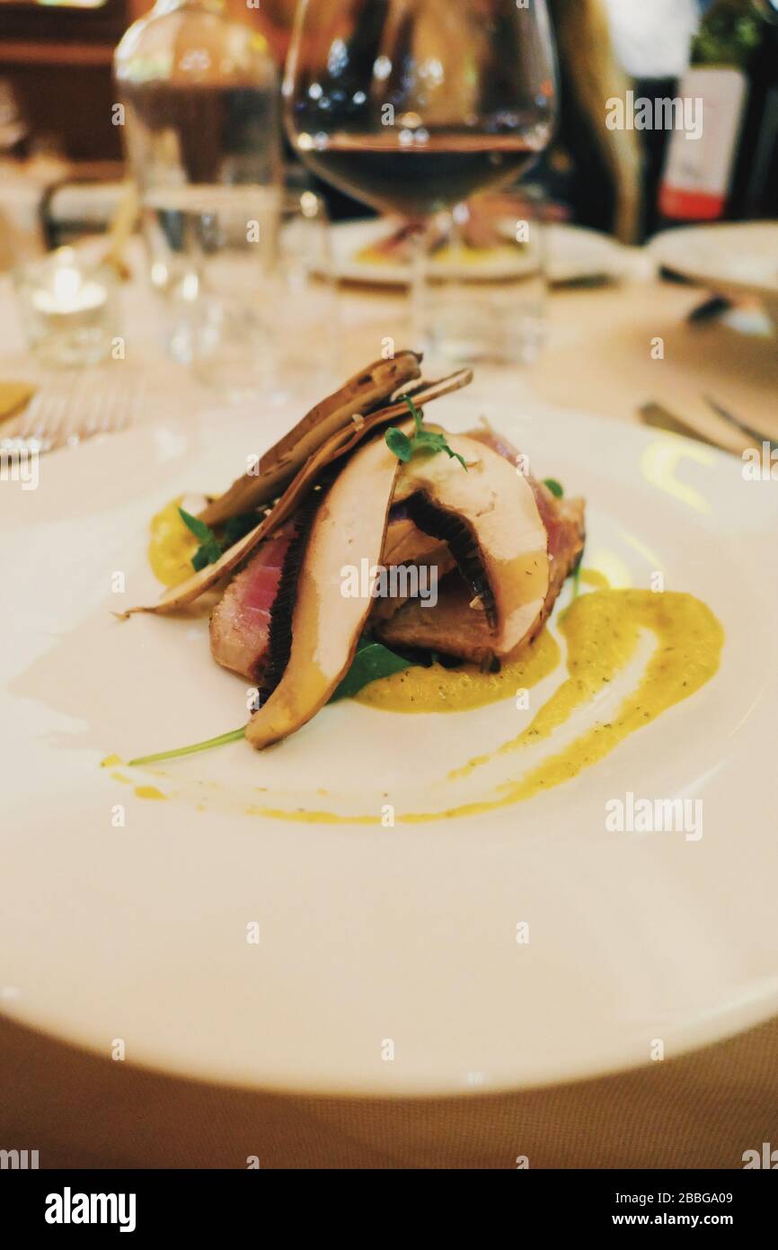 Italian high-end cuisine and fine dining, delicious meal on a plate in ...