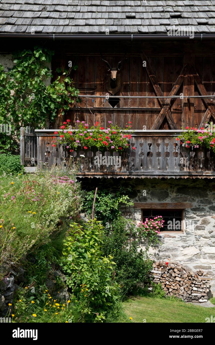 wooden balcony with green door, geranium pots in traditional alpine ...