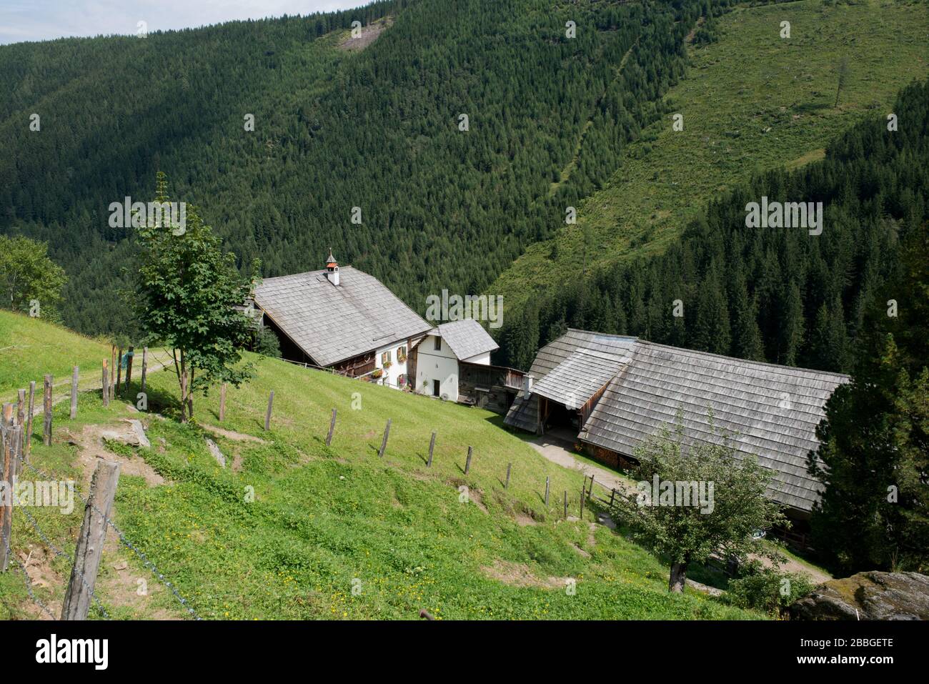 historical Austrian farmhouse on steep slope in mountain valley ...