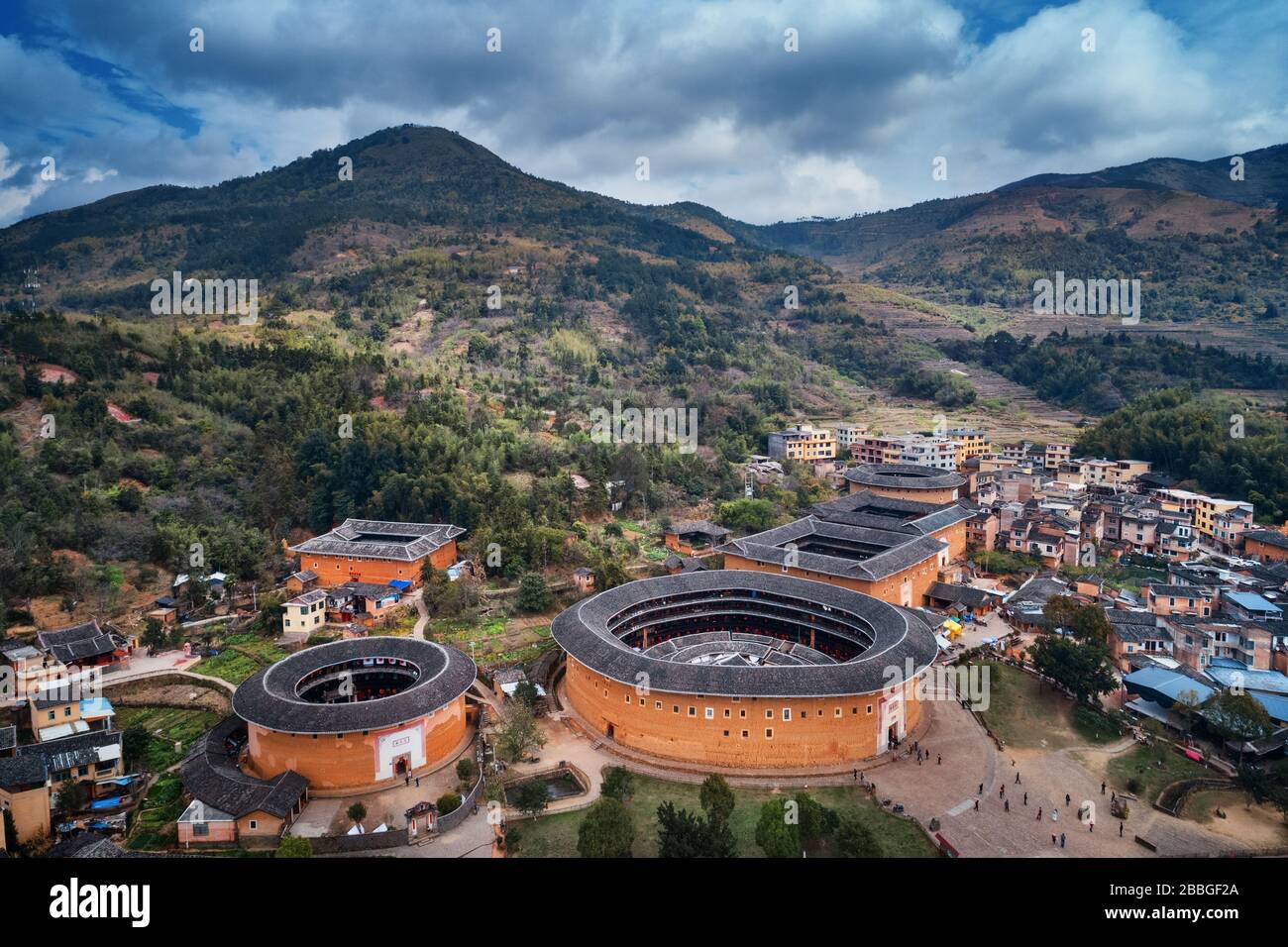 Aerial view of Tulou, the unique dwellings of Hakka in Fujian, China ...
