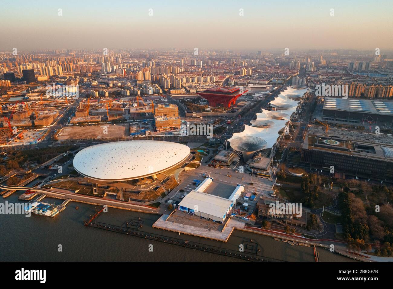 Shanghai Expo Park aerial view from above with city skyline and ...