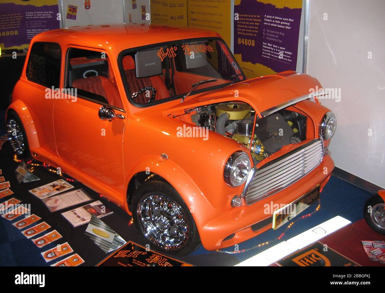 London England July 25 2006 Customised bright orange Mini car display ...