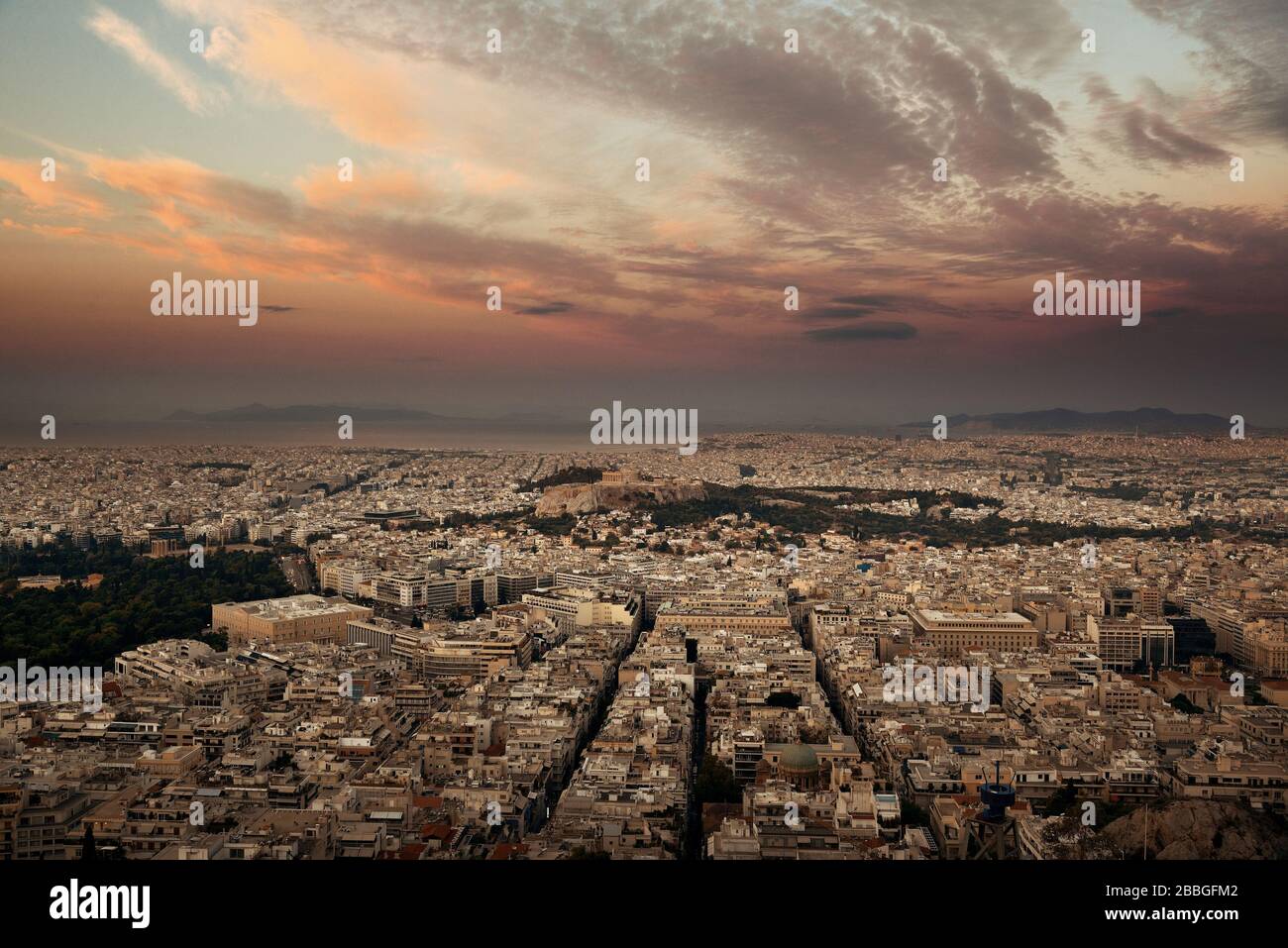Athens skyline sunrise viewed from Mt Lykavitos with Acropolis, Greece ...