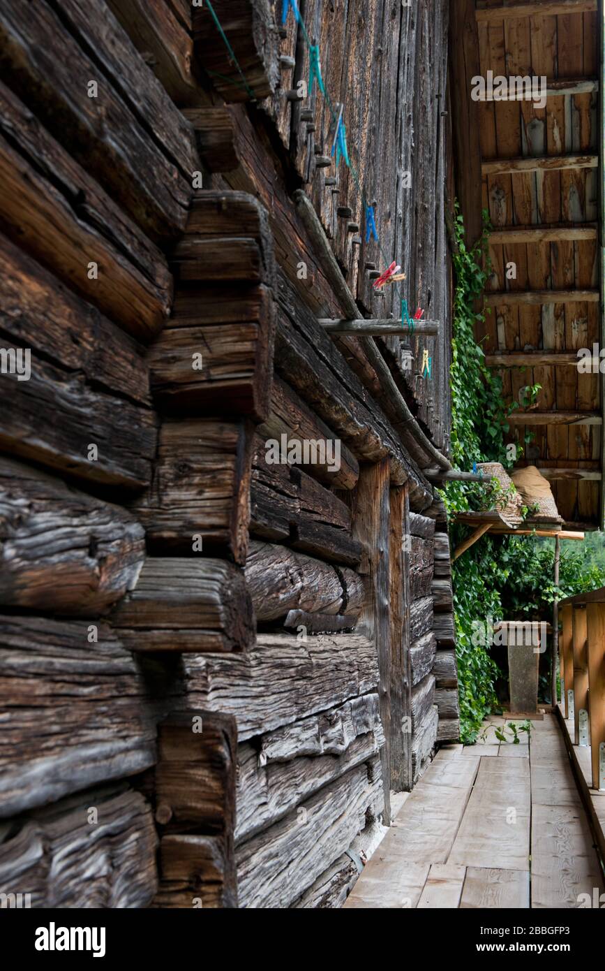 details of historical wooden barn in traditional Austrian farmhouse ...
