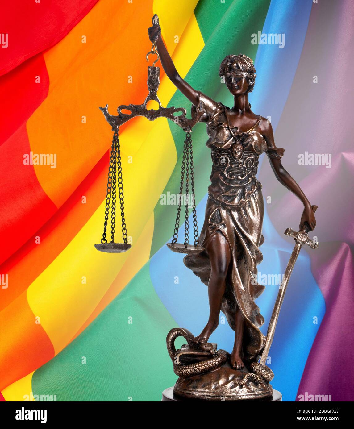 Statue of justice symbol of law and justice with lgbt flag in rainbow ...