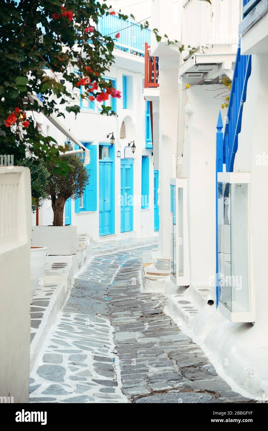 Street with Traditional Greek architecture in Mykonos Island, Greece ...