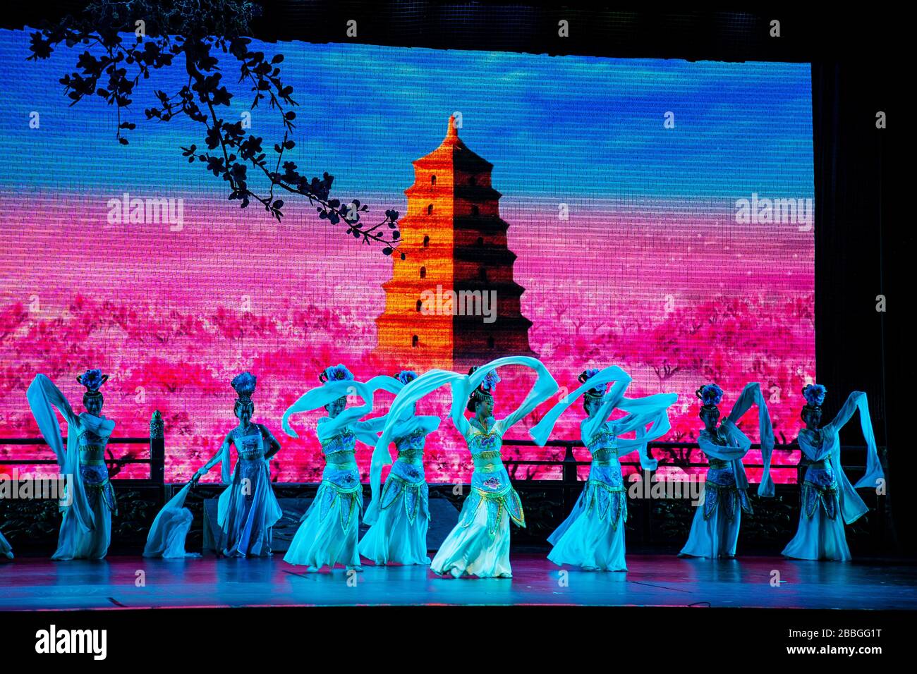 Female Chinese dancers performing traditional feathered coat dance on ...