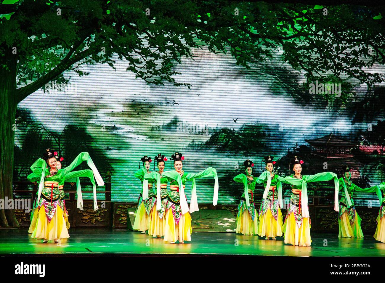 Female Chinese dancers performing traditional feathered coat dance on ...