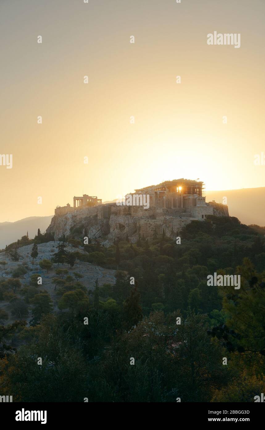 Acropolis historical ruins on top of mountain at sunrise in Athens ...