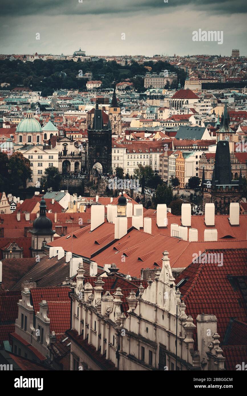 Prague skyline rooftop view with historical buildings in Czech Republic ...