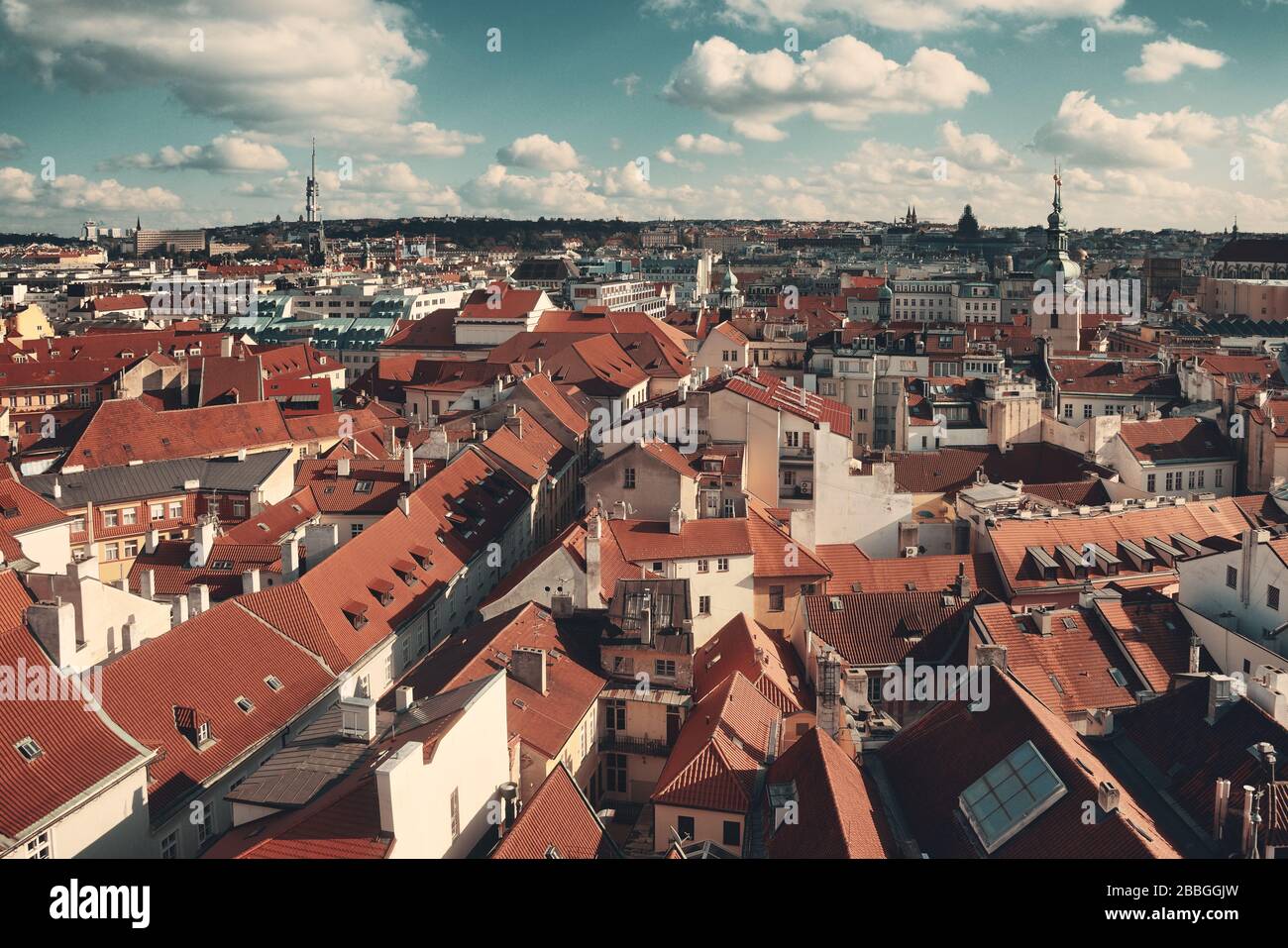 Prague skyline rooftop view with historical buildings in Czech Republic ...