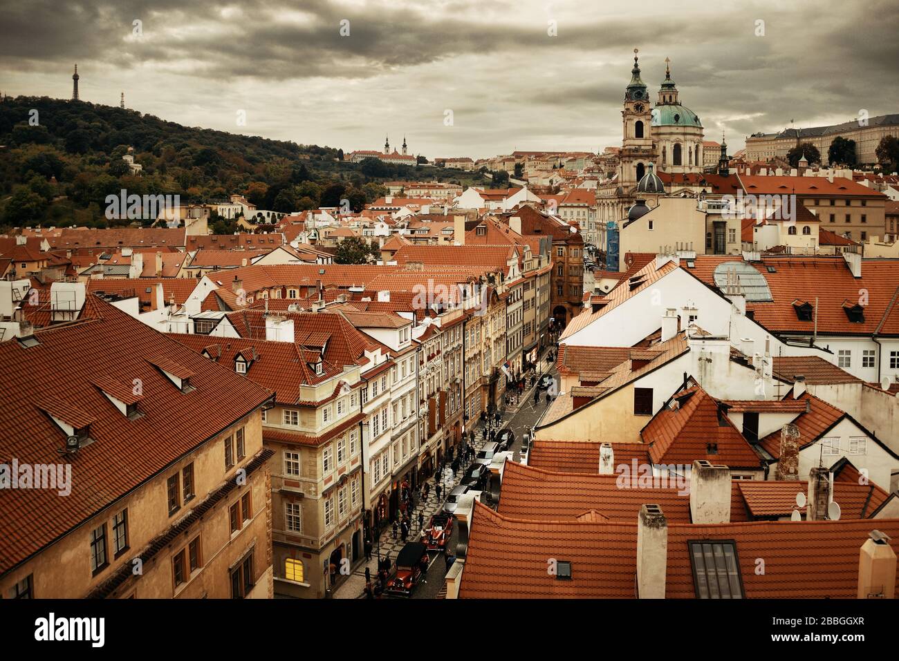 Prague skyline rooftop view with church and dome in Czech Republic ...