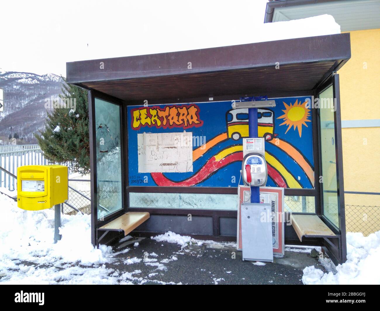 Valcolla, Switzerland - December 29, 2017: Colorful murals on the bus ...