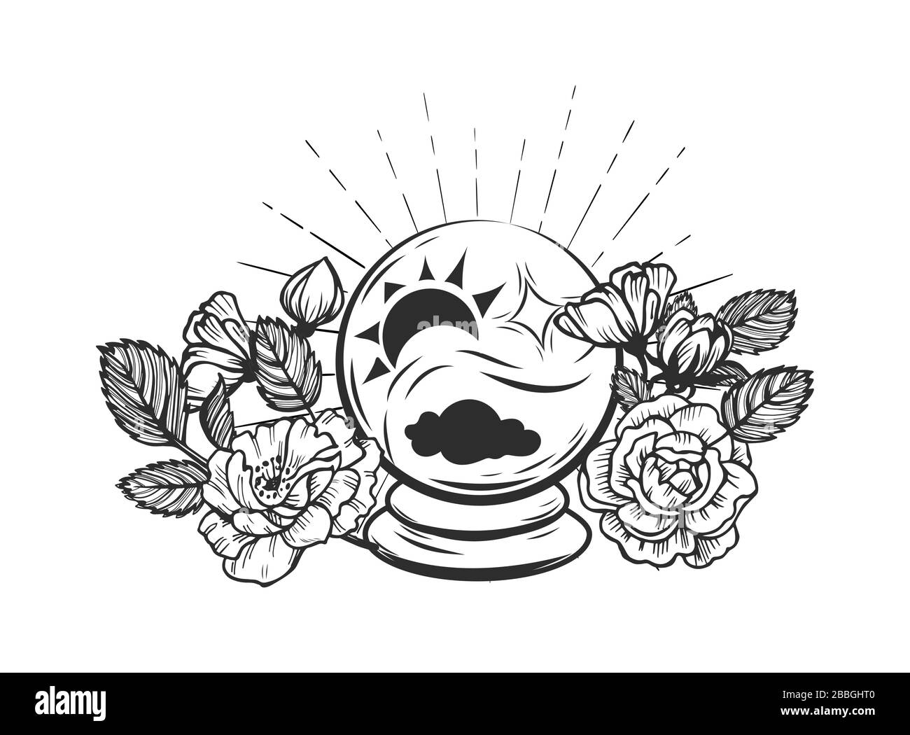 Magic ball for prediction decorated with flowers on white background ...