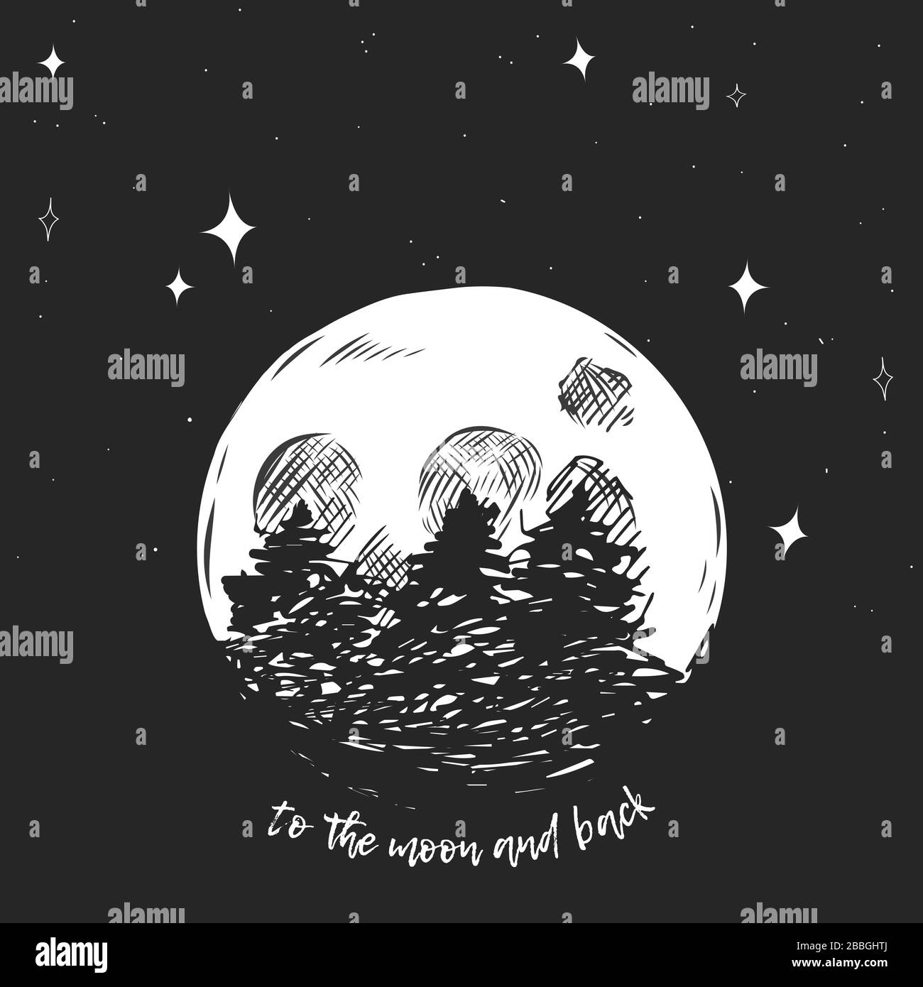 Pine tree silhouettes on full moon background. To the moon and back ...