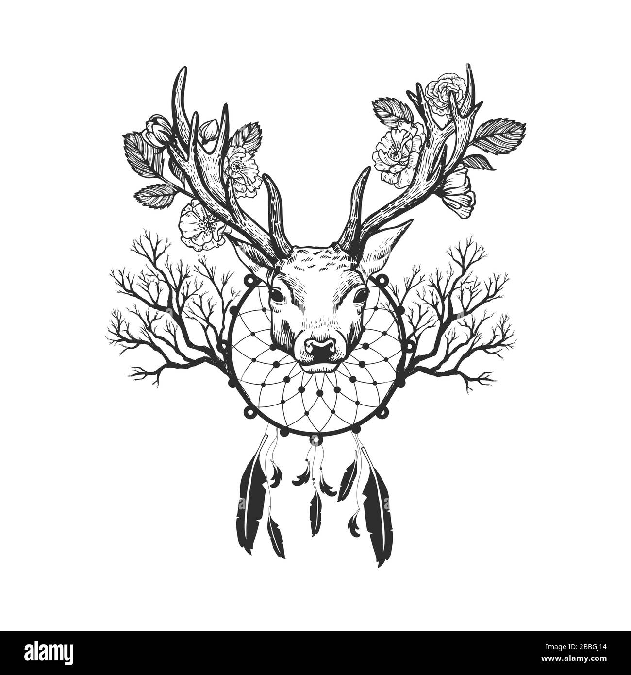 Hand drawn stag face with horns decorated with flowers isolated on ...