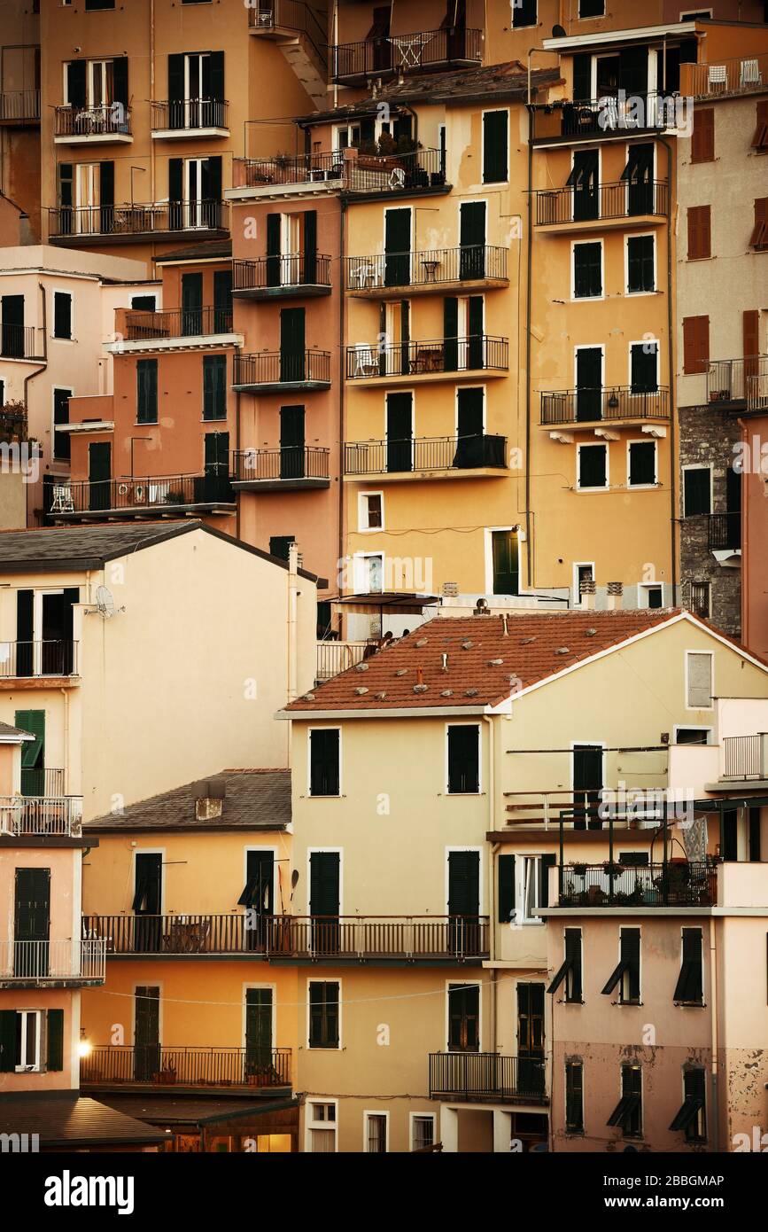 Abstract Italian style building closeup background in Manarola, Cinque ...