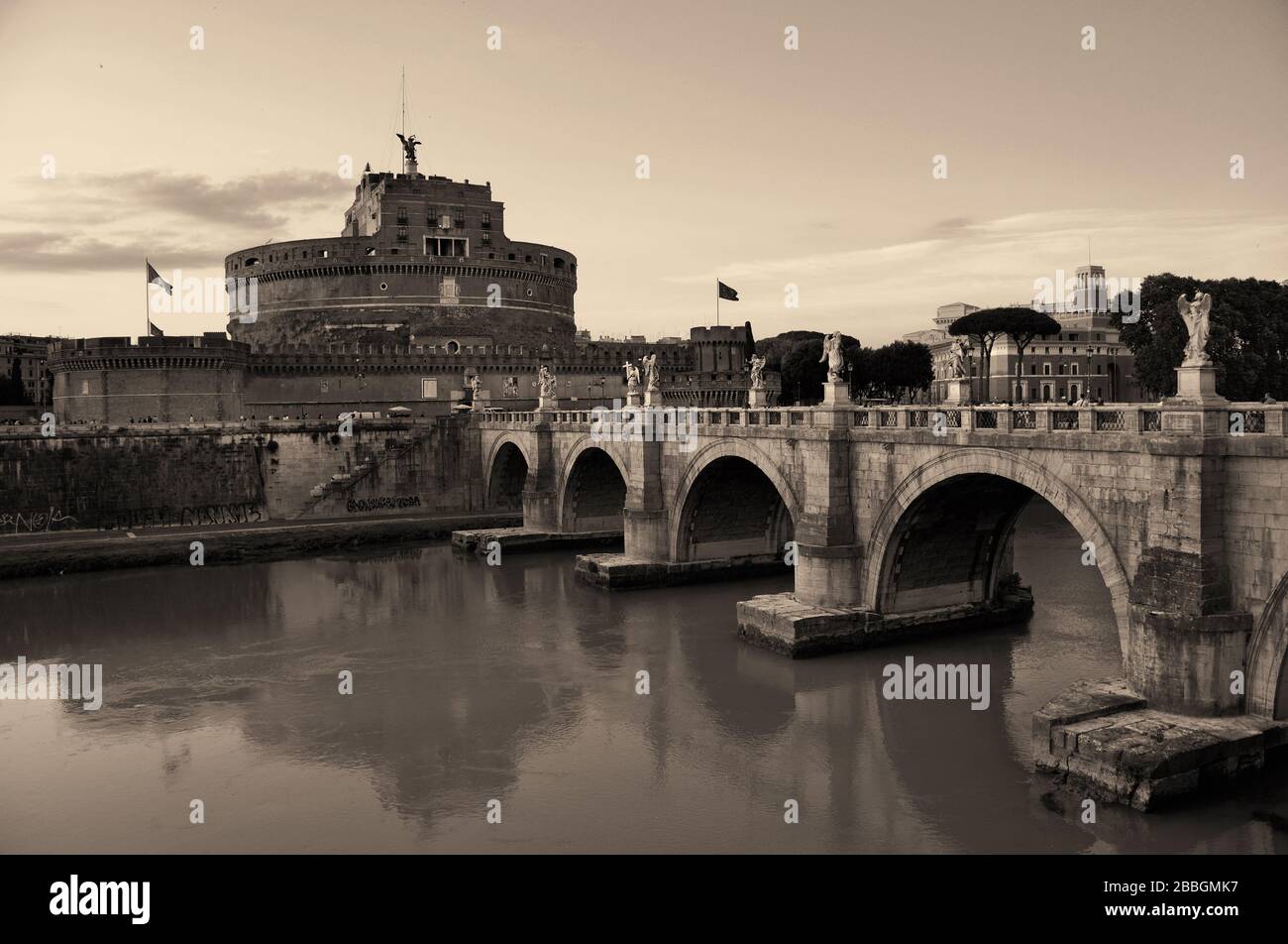 Castel Sant Angelo and bridge over River Tiber in Rome, Italy, in black and white Stock Photo ...
