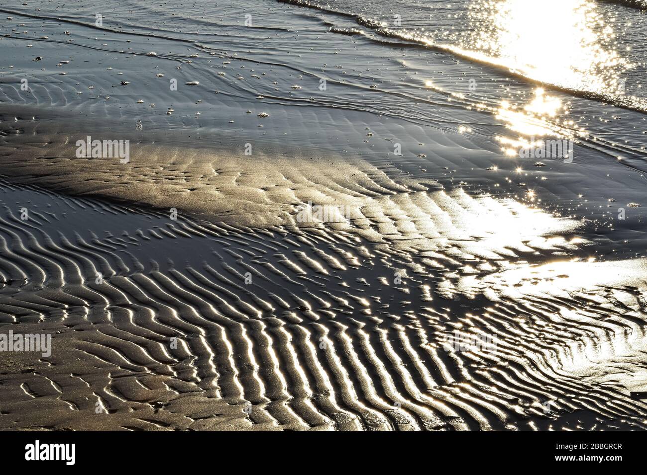 Shiny wet sand on the beach reflecting golden sunset Stock Photo - Alamy