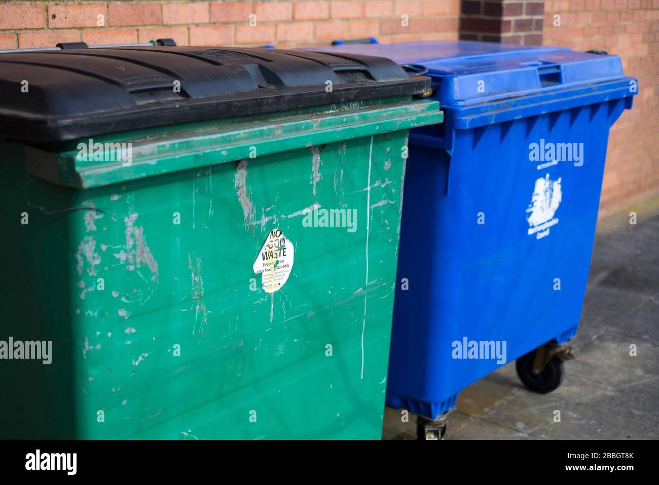 Bins outside a community centre in Bugbrooke, Northamptonshire Stock ...
