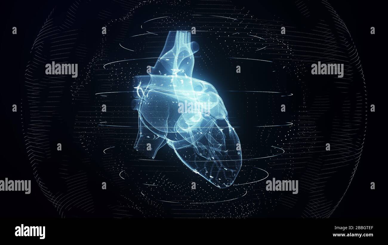 Anatomically correct blue digital human heart. Futuristic particle ...