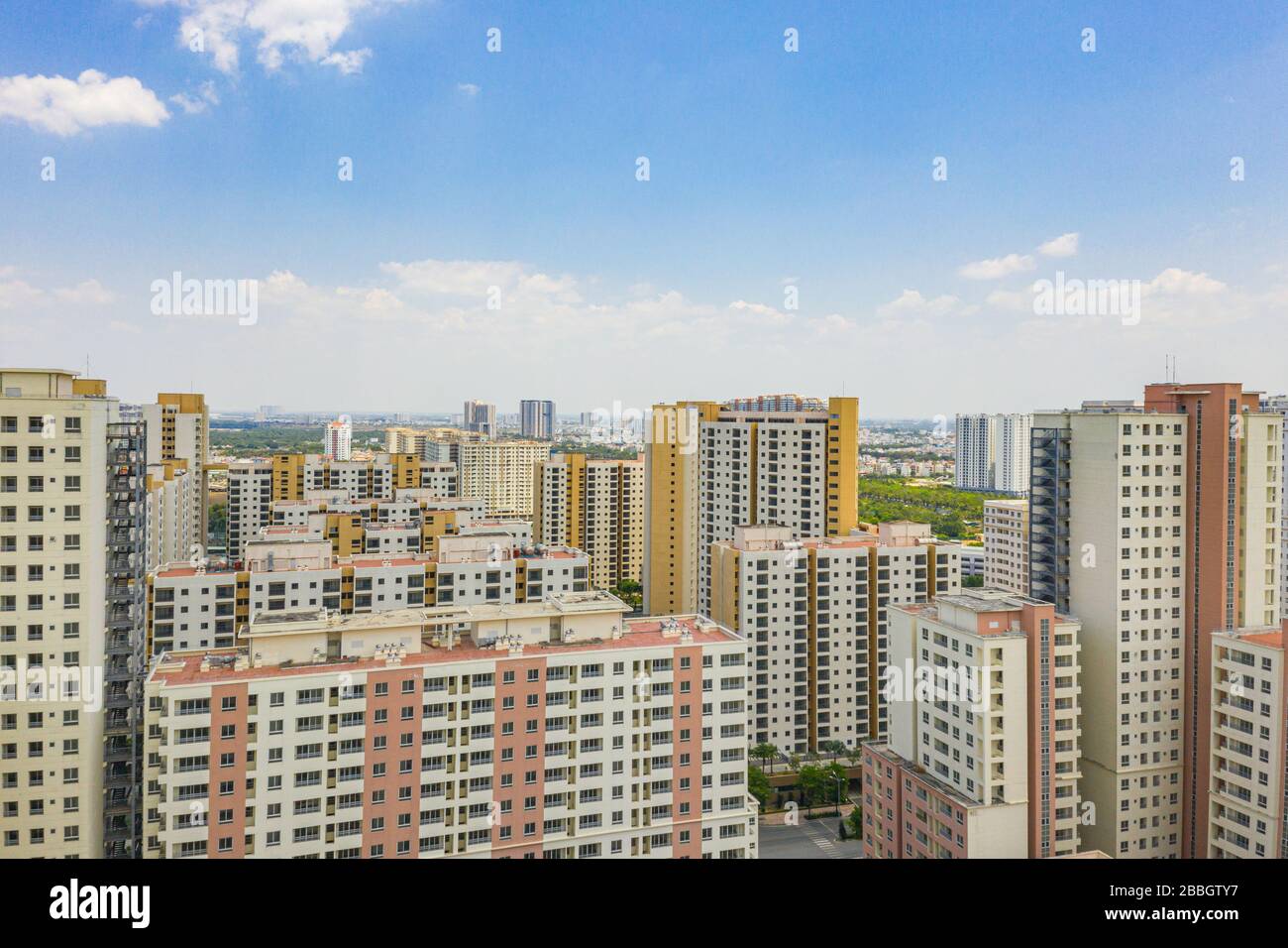 Aerial view of a group of apartment buildings under blue sky Stock ...