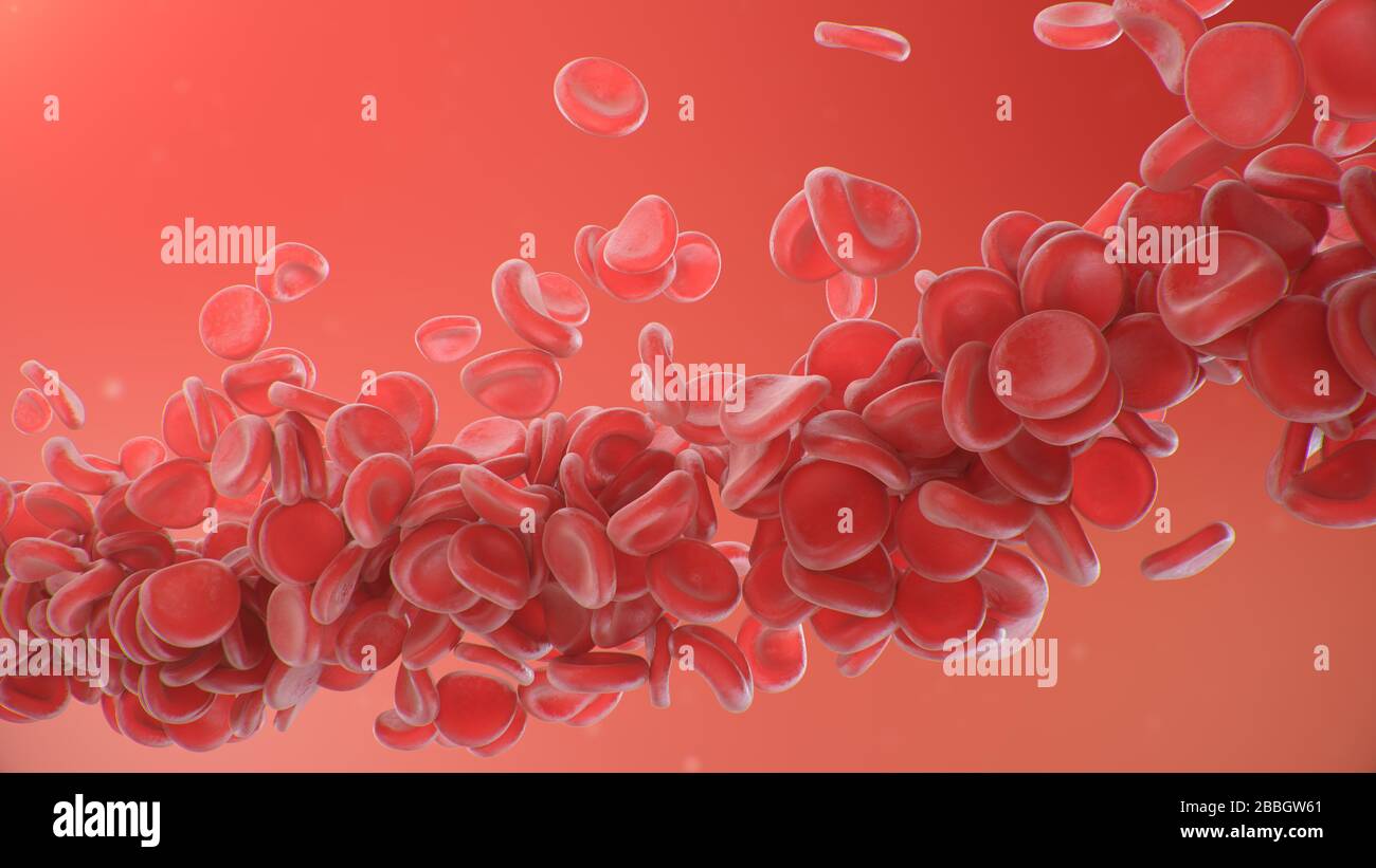 Abstract background 3d illustration of red blood cells. The flow of ...