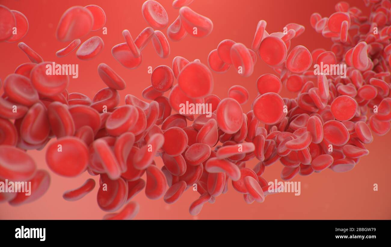 Abstract background 3d illustration of red blood cells. The flow of ...