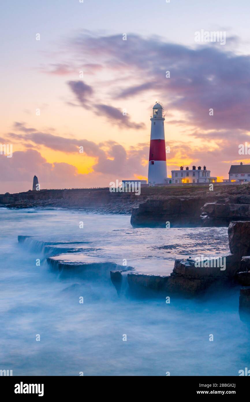 UK, England, Dorset, Portland Bill, Portland Bill Lighthouse, Sunset ...