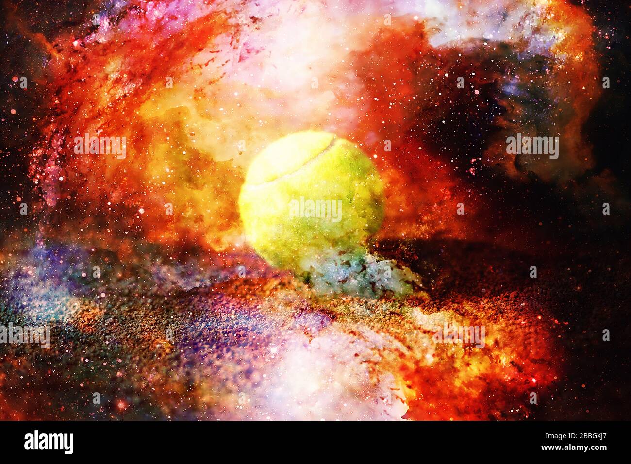 tennis court with tennis ball on abstract structured space background ...