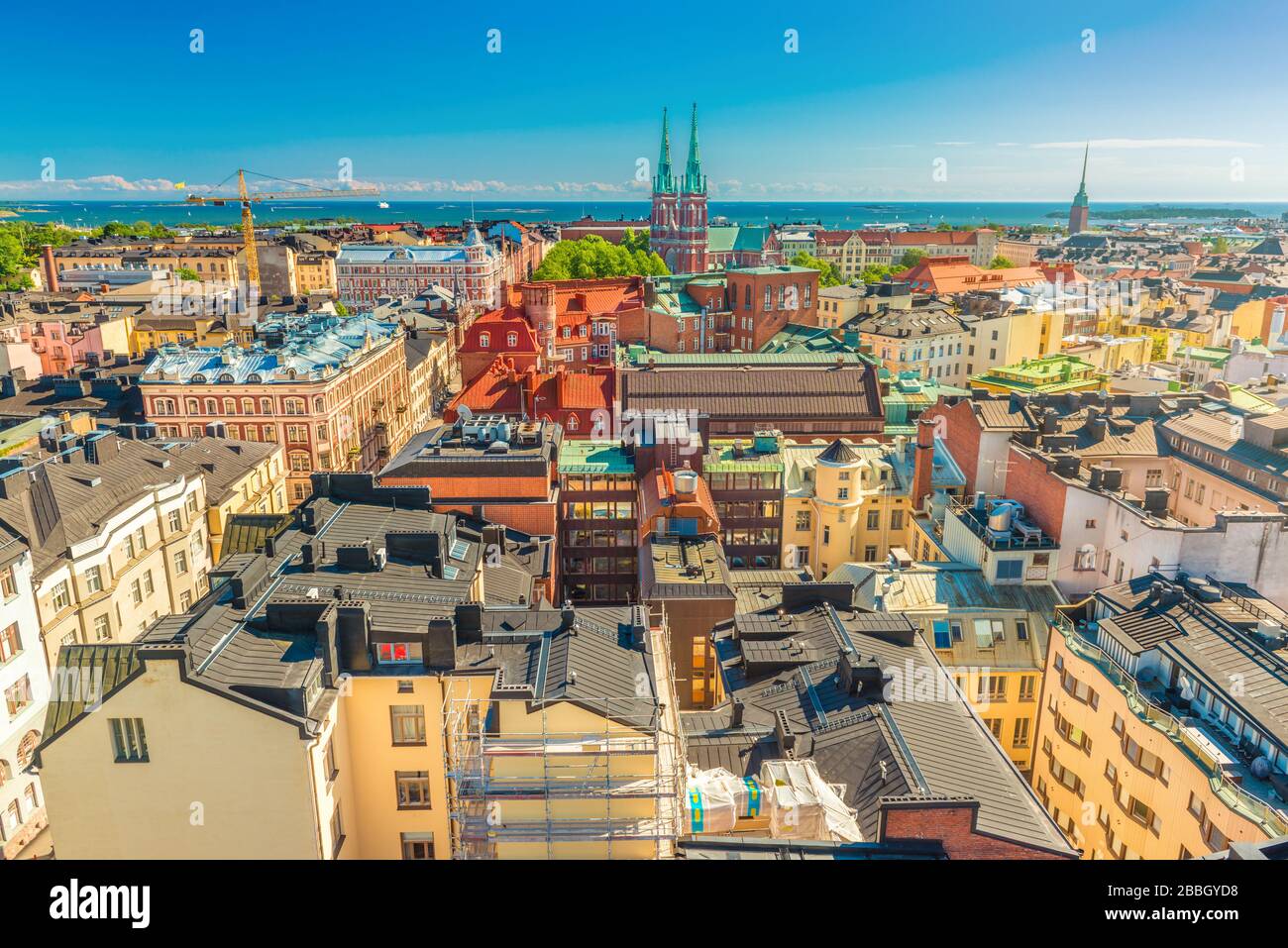 Aerial panorama of Helsinki on a summer day with the clear blue sky ...