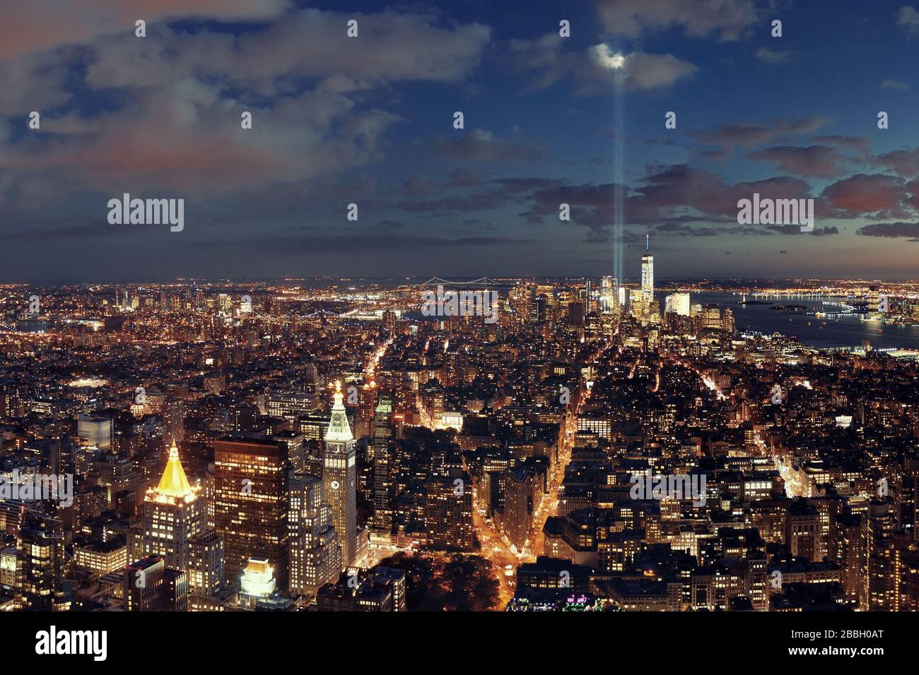 New York City downtown skyline night view and 911 tribute light Stock ...