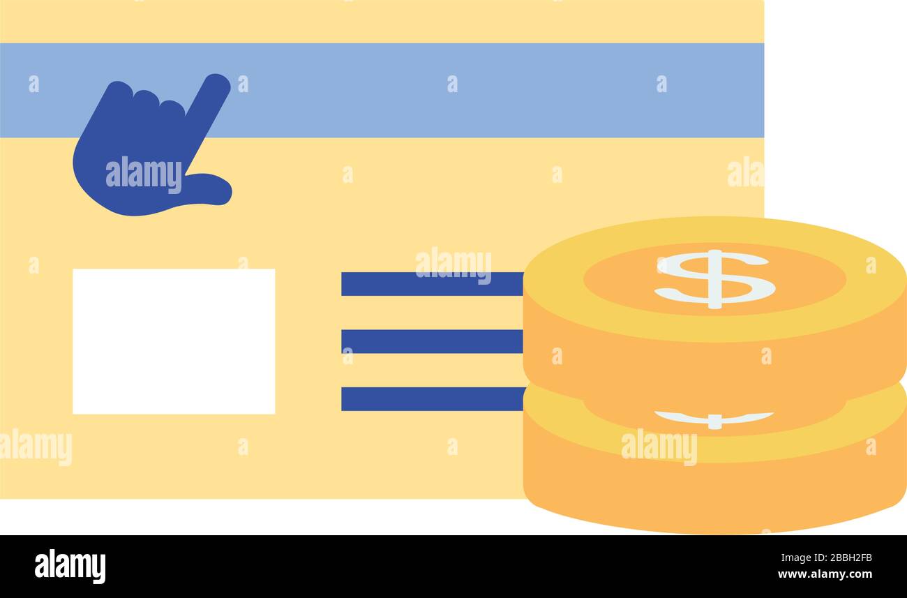 credit card with money coins and hand cursor icon over white background ...