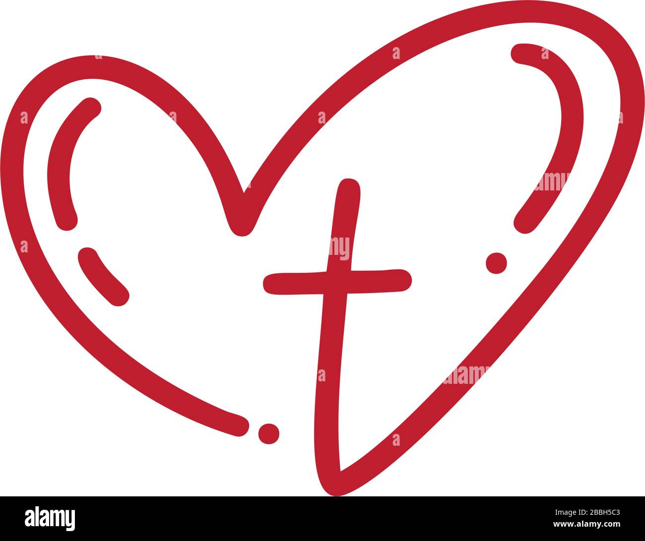 Hand drawn red calligraphy logo of Christian cross and heart love drawn ...