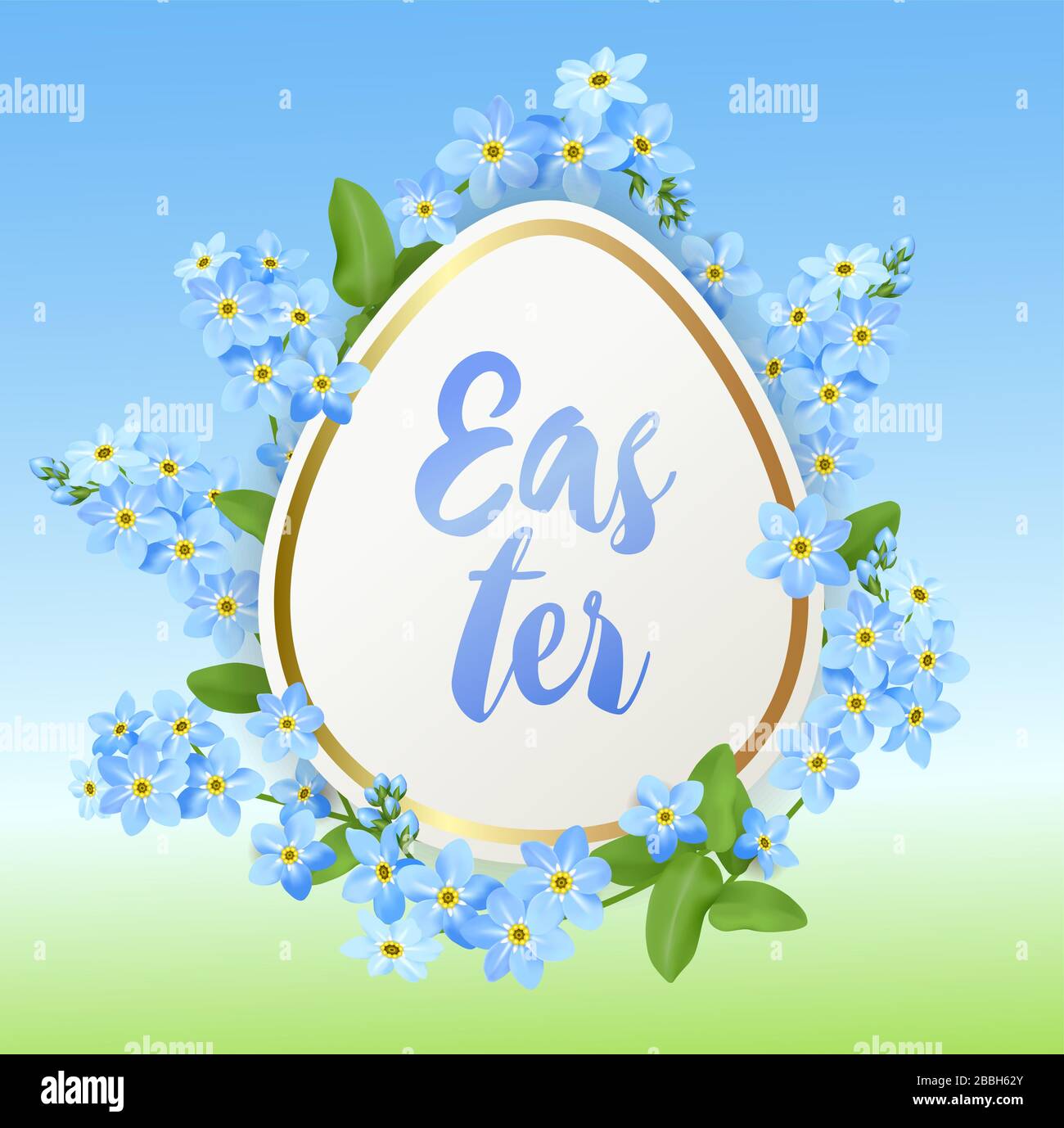 Decorative Easter egg and blue spring flowers. Festive background ...