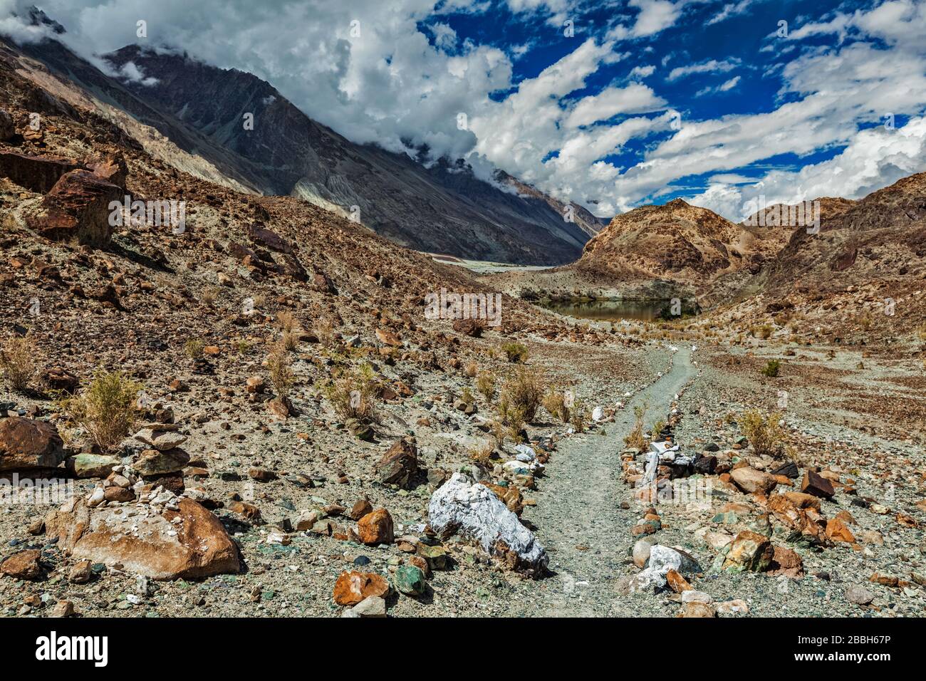 Foot path to sacred Buddhist lake Lohat Tso in Himalayas. Nubra valley ...